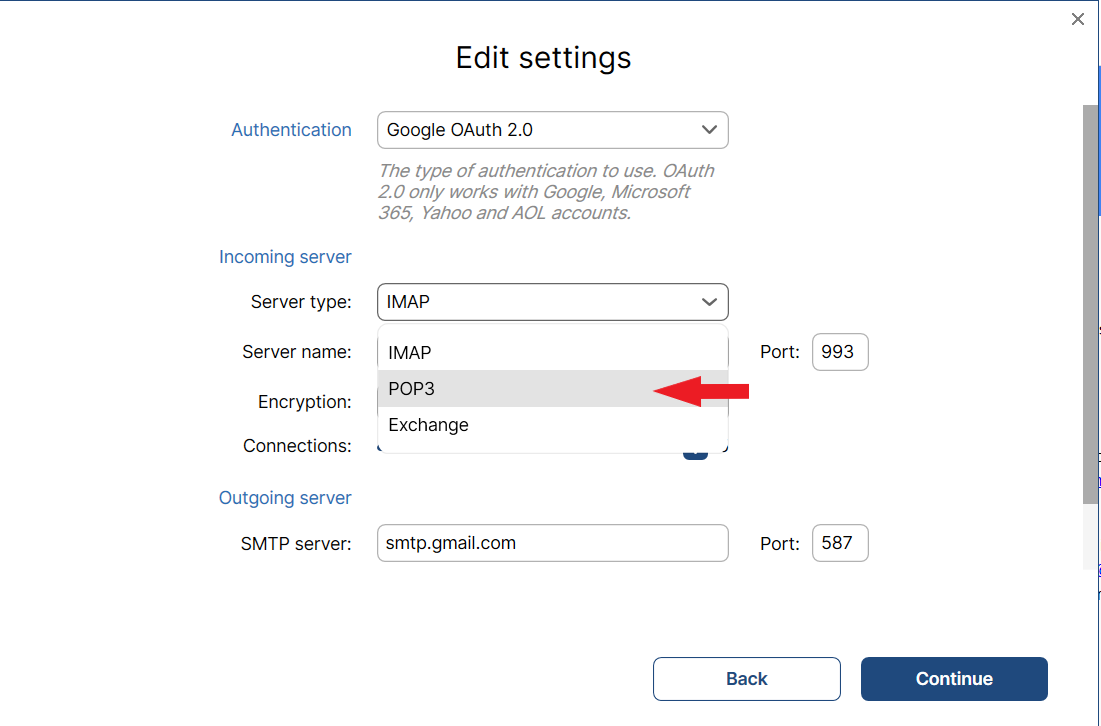 POP3 settings – Mailbird