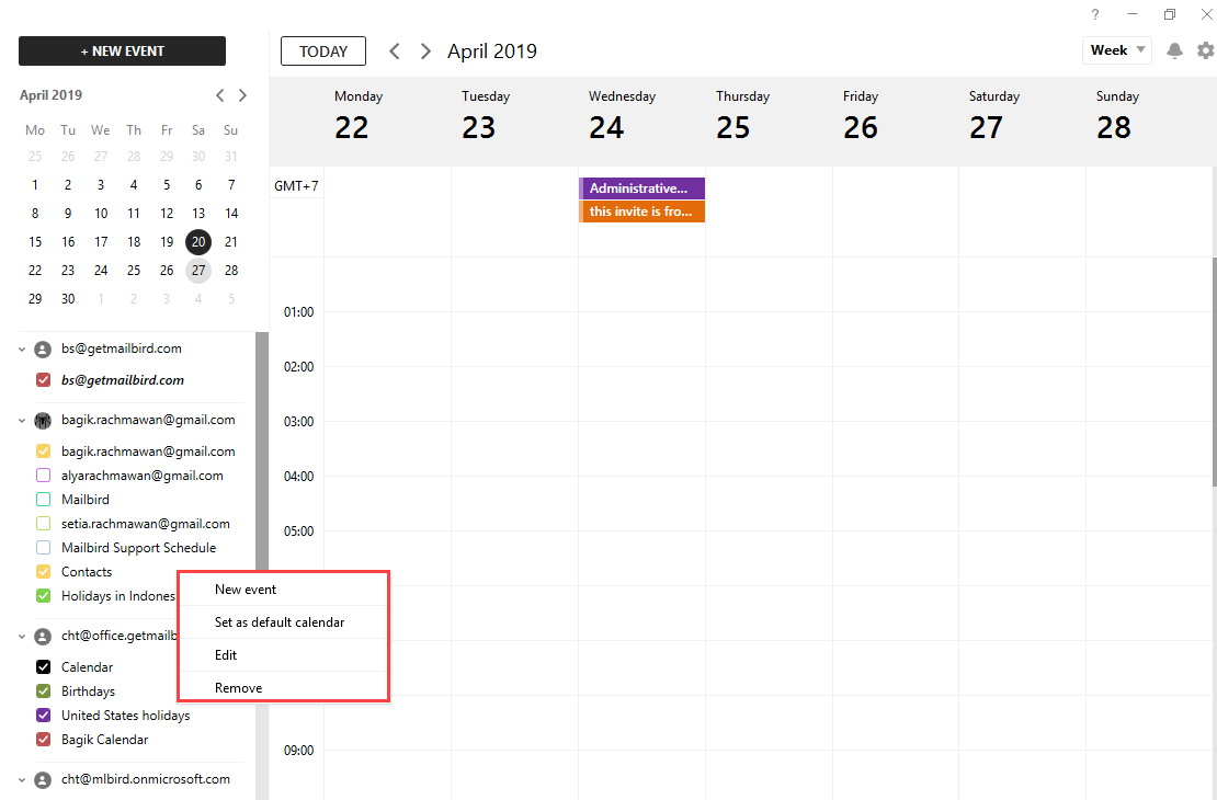 Calendar and Accounts column – Mailbird